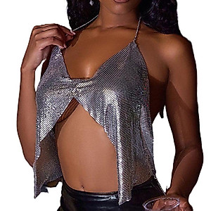 Edary Body Chain Sequin Halter Chain Silver Sequins Vest Crop Top Sparkly Chest Chain Jewelry for Women