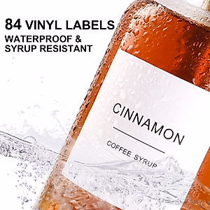 mustry Coffee Syrup Dispenser Bottle with Labels 1/4 oz Glass Syrup Pump Dispenser Bottle with 84 Labels, for Coffee Bar Accessories Essentials, 16.9 oz 500 ml, Set of 2, Black