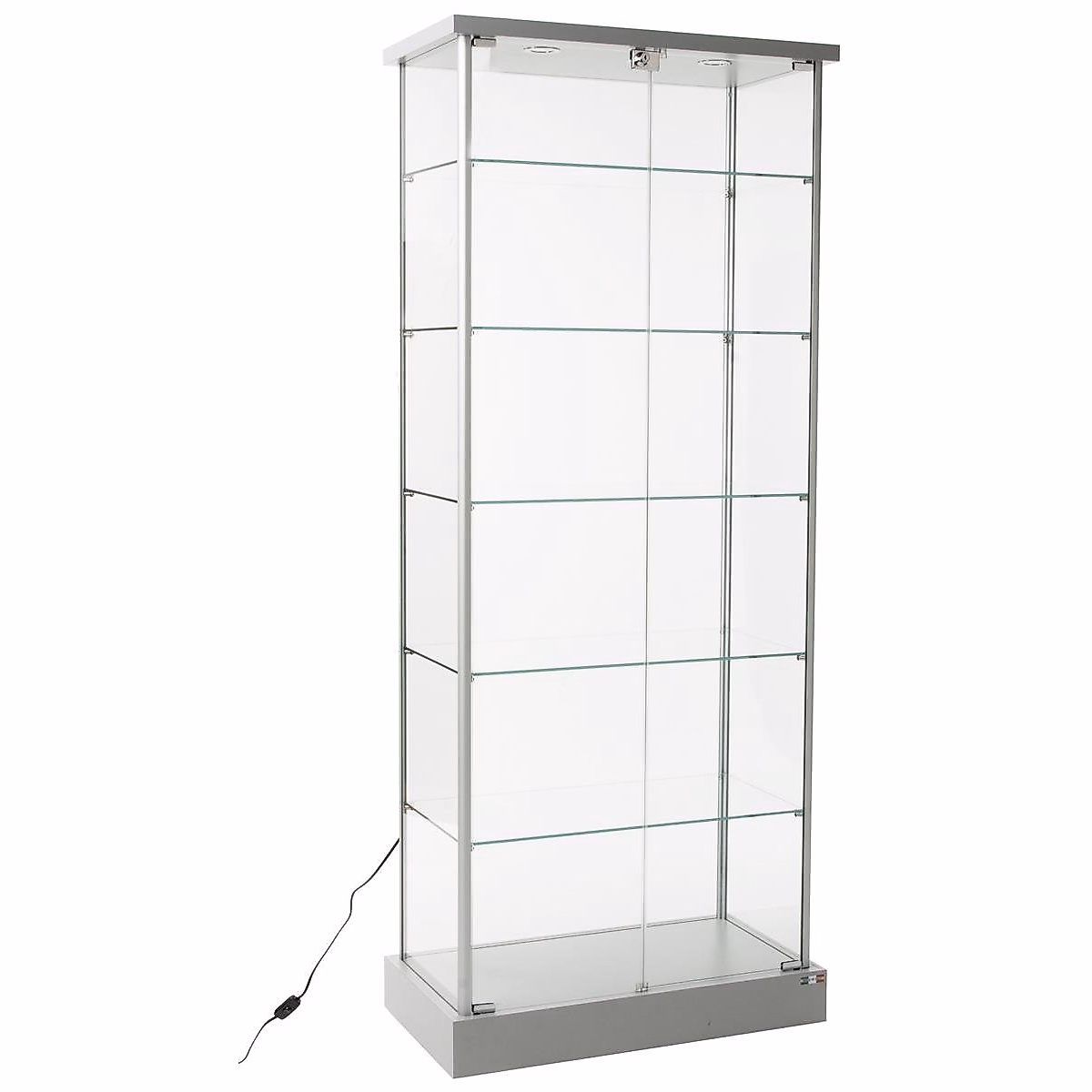 Displays2go 29"w x 72"h Glass Display Case, 5 Adjustable Shelves, Lights, Wheels - Silver (173CPLEDSL)