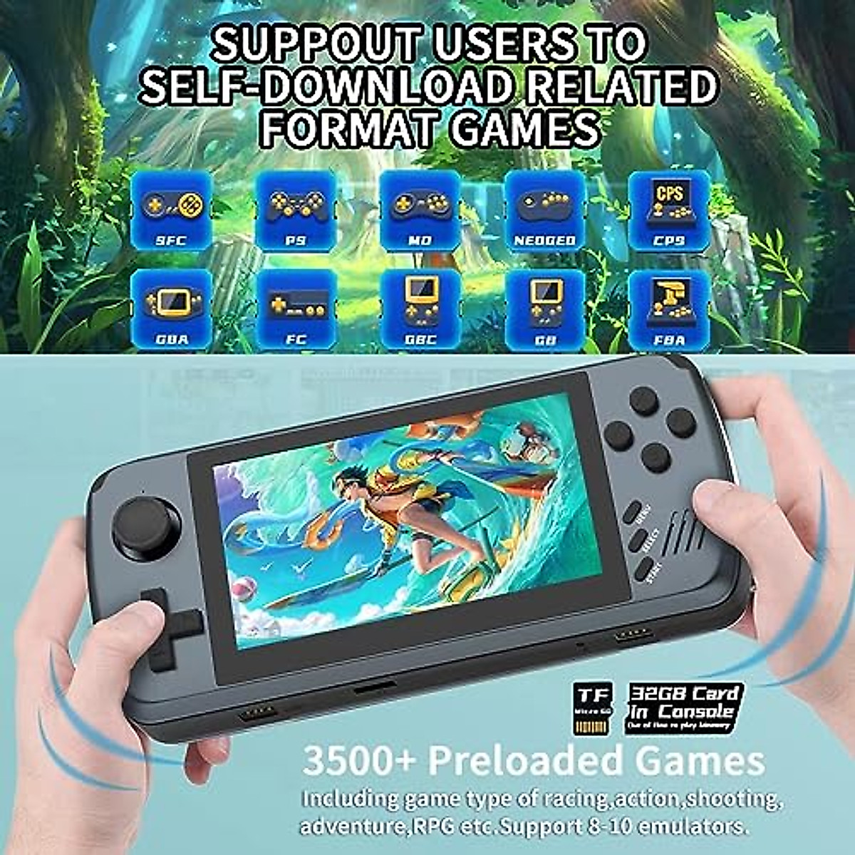 Handheld Game Console 4.5Inch IPS HD Portable Retro Games Consoles with 32G TF Card -3500 Classic Video Games, Multiple Emulators Console Support HD Out/Gamepads, 3000mAh Rechargeable Battery, Black