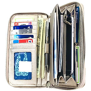 Zzfab Faux Leather Wallet Zip Around clutch Passport Wallet with Check Book Holder Pewter