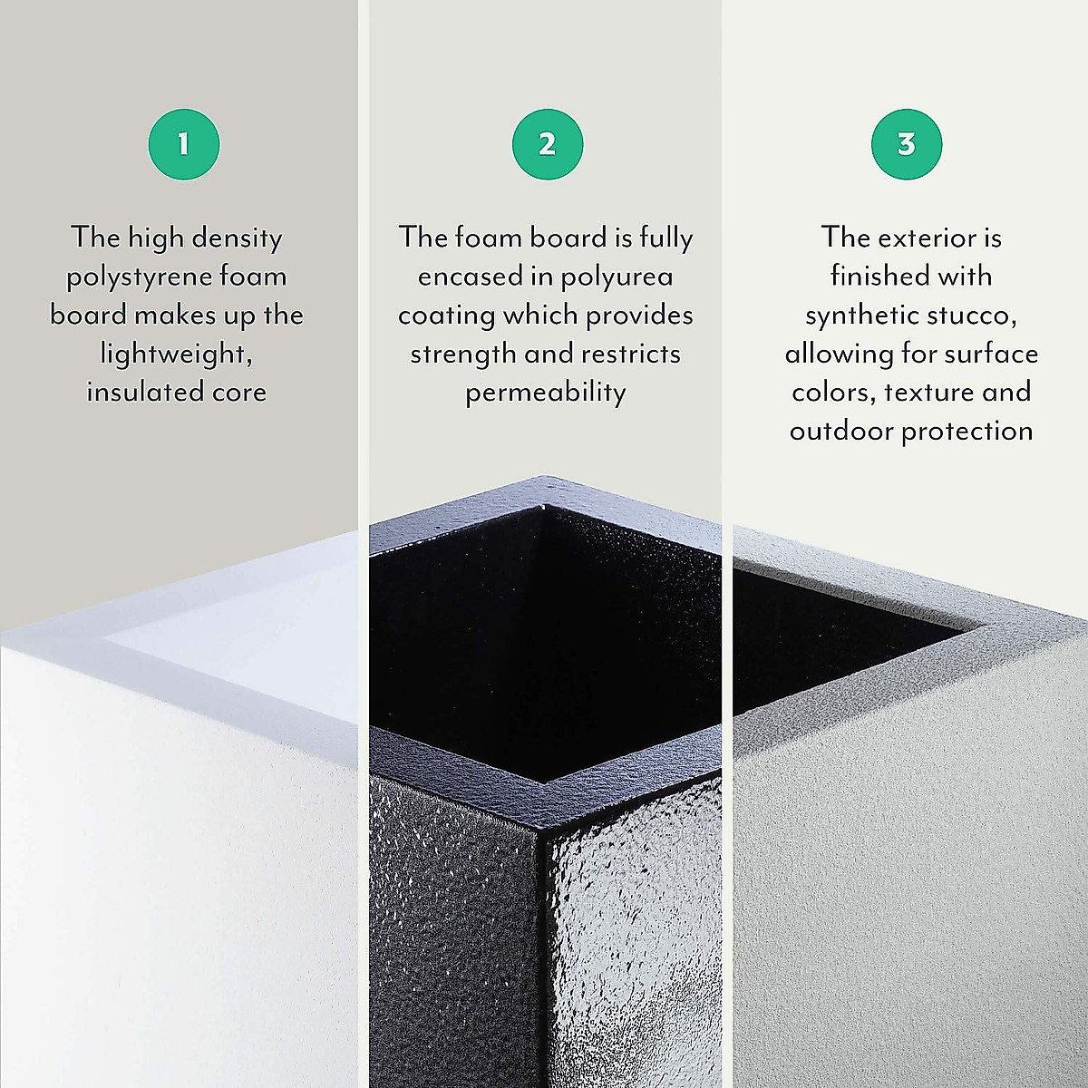 PolyStone Monterray Modern Outdoor/Indoor Square Planter, Lightweight, Heavy Duty, Weather Resistant, Polymer Finish, Commercial Grade and Residential, 23" L x 23" W x 19" H (Greige)