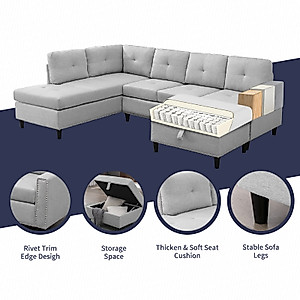 ZAFLY 101" Sectional Couch, L Shaped Sofa with Storage, Convertible Sofá 4-Seat with Reversible Chaise, Living Room Fabric Sofa Sets with Cup Holders -Light Gray