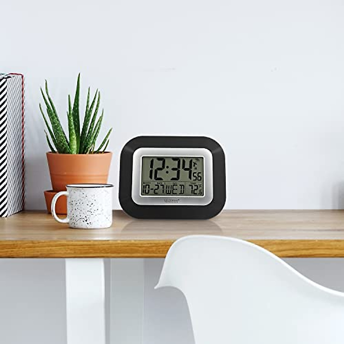 La Crosse Technology WT-8005U-B-INT Atomic Digital Wall Clock with Indoor Temperature, Black,