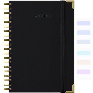 Meeting Notebook, 240 Page Hardcover Leather Notebooks for Work, Professional B5 Notebook with Action Items, 24 PCS Sticky Tabs for Organizer Notebook, Project Planner Notebook for Women Men, Black
