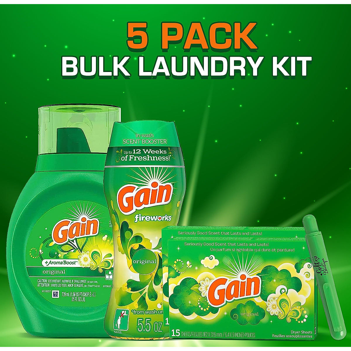Gain Laundry Detergent Bundle with Gain Detergent, Fireworks Scent Booster, Dryer Sheets and Gift Boutique Lint Stick, For Travel, Dorm Room Supplies, First Apartment, 5 Pack