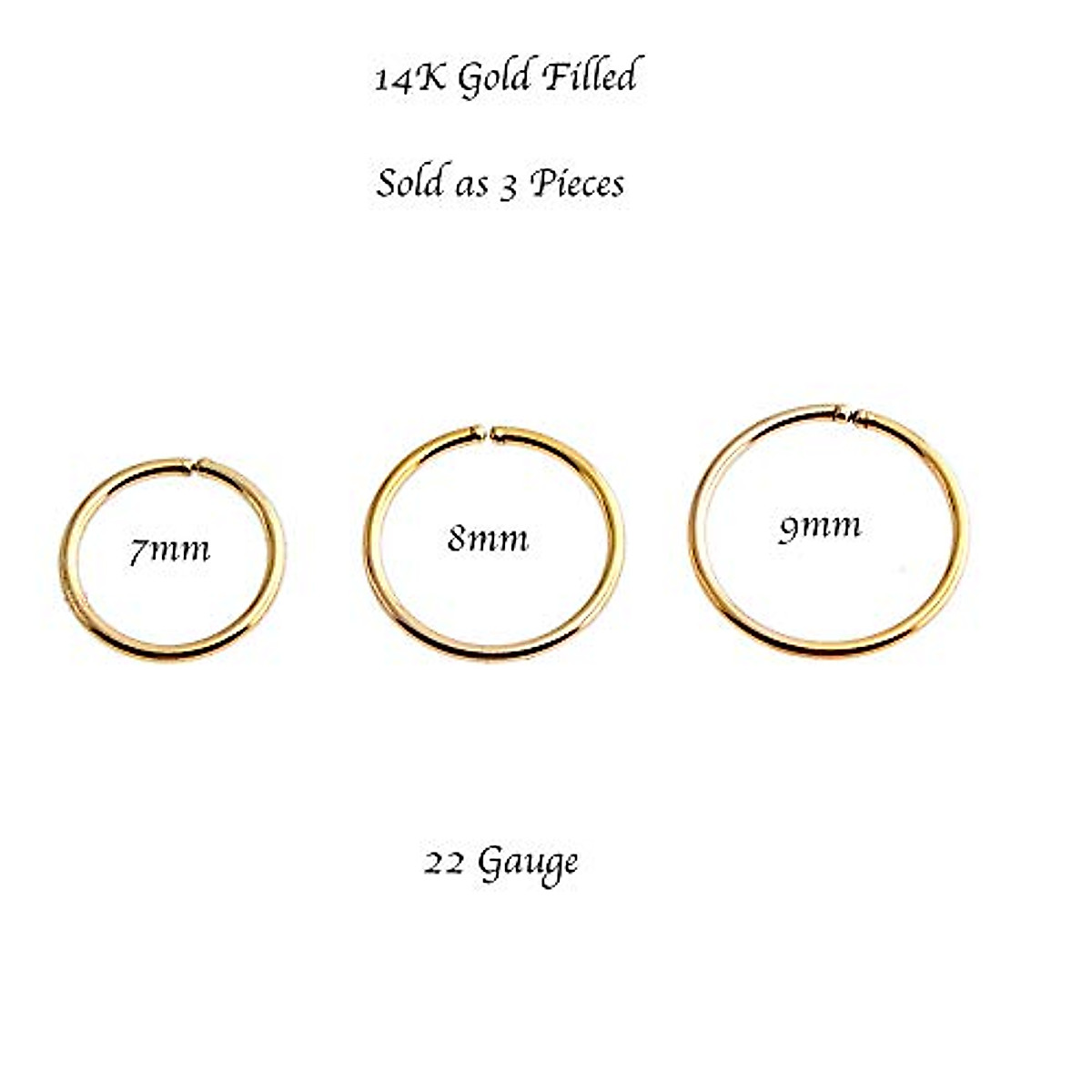 Fashion Art Jewelry Set of 3 Mismatched Small Huggie Hoop Earrings Gold Filled 22 GA Mini Hoops For Cartilage Helix Tragus Nose Ring Hoop (7mm 8mm 9mm | 22 GA, 14K Yellow Gold Filled)
