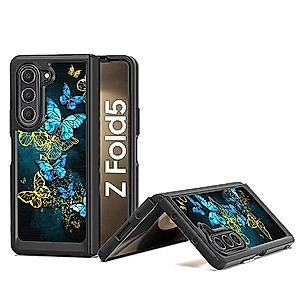 NKase for Samsung Galaxy Z Fold 5 Case, Samsung Z Fold 5 Case Cute Hard Slim Cover Galaxy Z Fold 5 Case Shockproof Women Girls Men Protective Case for Galaxy Z Fold 5 5G Case, Gold/Blue Butterfly