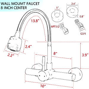ZHYICH Kitchen Sink Faucet Wall Mount 8 Inch Center with Sprayer, Stainless Steel Mixer Tap, Nickel Brushed Unility Sink Faucet, NSF