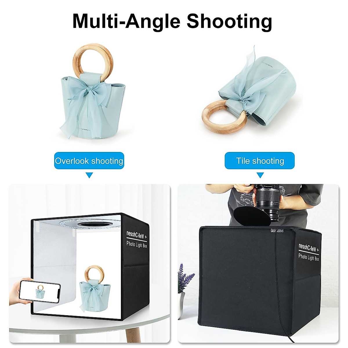 NESOHC-LLEW Portable Photo Studio Light Box, 16"x16" Professional Dimmable Shooting Tent Kit with 160 LEDs Lights & 12 Kinds Double-Sided Color Backgrounds,3200-6500K