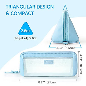 Sooez Large Grid Mesh Pencil Case, Big Capacity Clear Pencil Pouch Pen Bag with Zipper Closure, Cute Stationery Organizer Transparent Makeup Bag for Adult Girls Boys Office School Supplies, Blue