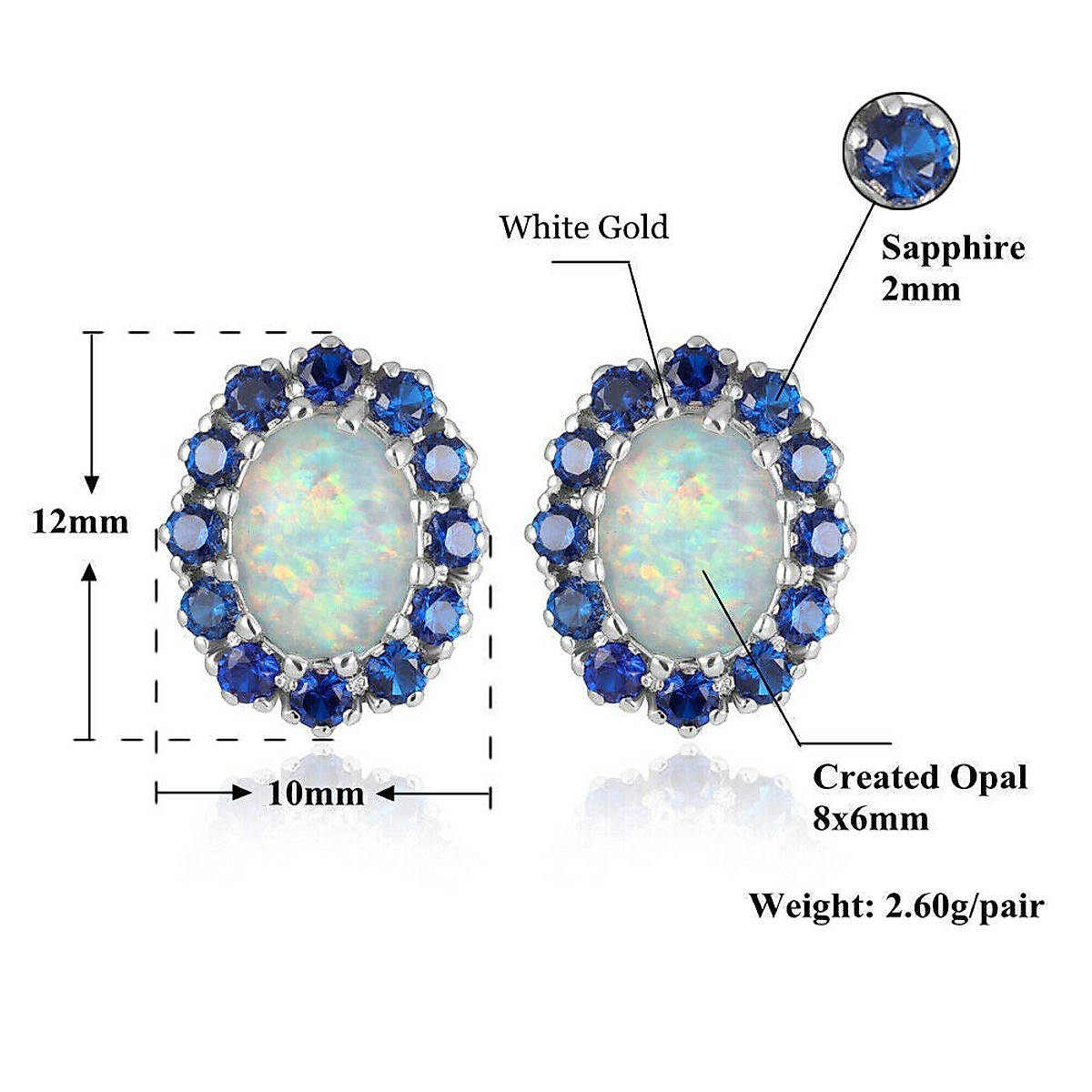 CiNily 14K White Gold Plated Created White Opal and Sapphire Stud Earrings for Women Oval Flower Gems Earrings 12mm