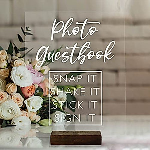 Wedding Photo Guestbook Acrylic Sign | Wedding Guest Book Sign-in | Clear Lucite Sign with Stand | Handmade & Hand-Painted Sign Our Guestbook Message Sign (8x10, Dark Walnut)
