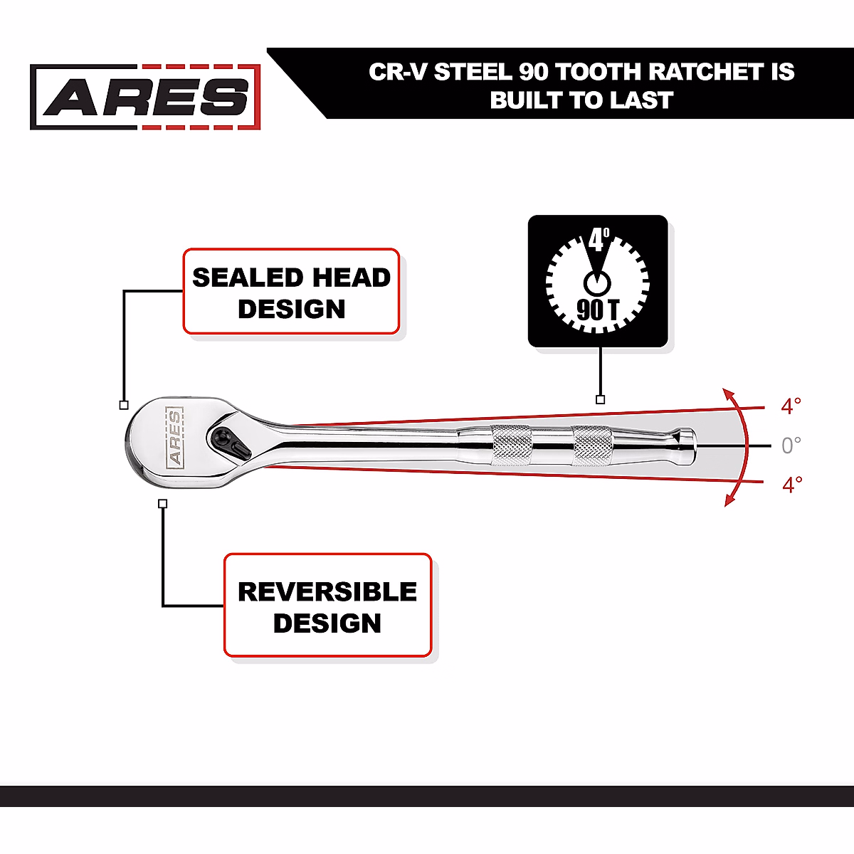 ARES 42000-3-Piece 90-Tooth Full Polish Ratchet Set - Chrome Vanadium Steel Construction & Chrome Plated Finish - Reversible Design - 4 Degree Swing - Ratcheting Tool Set