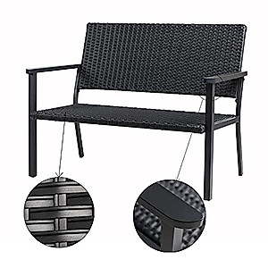 C-Hopetree Outdoor Loveseat Bench Chair for Outside Patio Porch, Metal Frame, Black All Weather Wicker