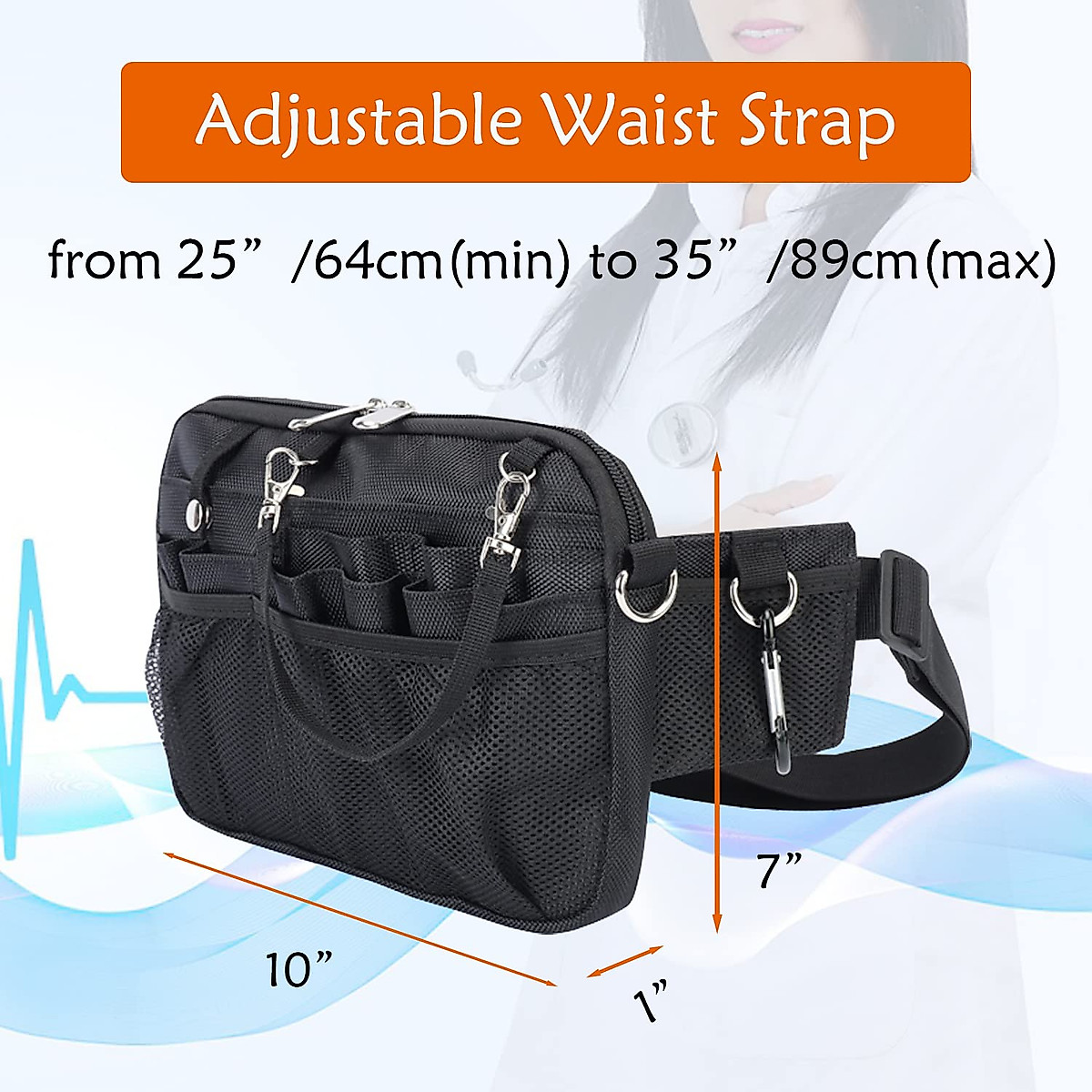 Oisinlas Nurse Fanny Pack with Multi-Compartment Medical Waist Bag with Tape and Stethoscope Holder Utility Storage for Medical Supplies for Student and Nurses (Black)