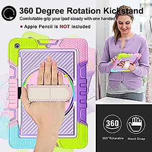 Hocase for iPad 6th/5th Generation Case, iPad 9.7 2018/2017 Case, with Pencil Holder, 360 Rotation Stand & Hand Strap, Rugged Shockproof Soft Silicone Hard Protective Case for Kids & Girls - Rainbow