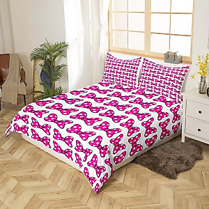 Bowknot Kids Duvet Cover Set Queen Size,White Dots Bow-tie Cartoon Bedding Set,Children Girls Women Room Decor,Princess Style Dreamy Comforter Cover,Rose Pink Romantic Quilt Cover,2 Pillowcases