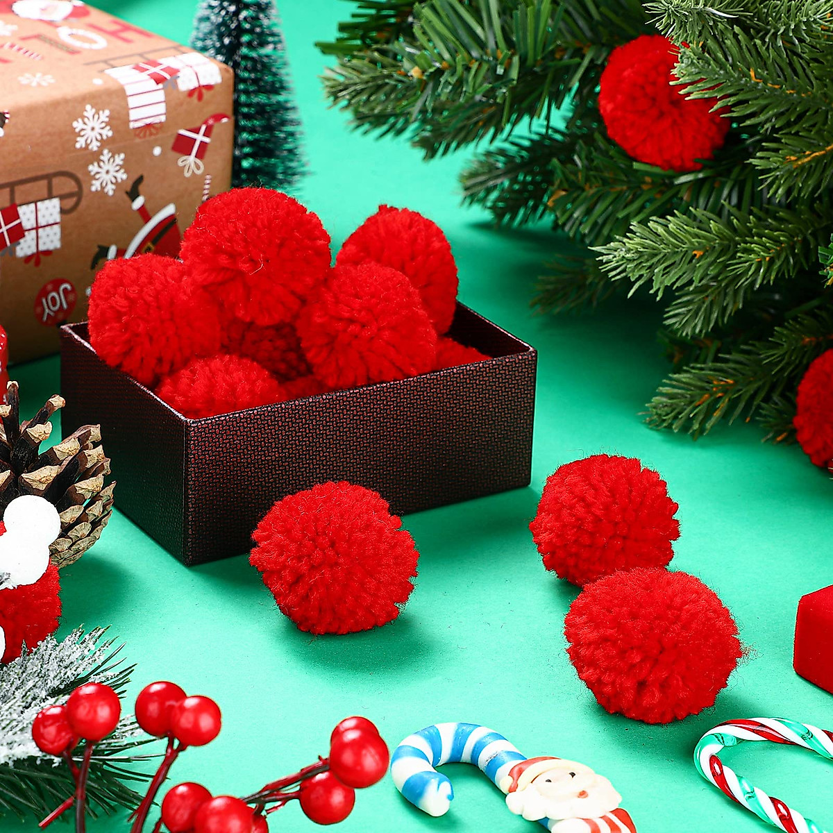 20 Pieces Yarn Pom Poms Christmas Yarn Pom Poms Pom Pom Balls for DIY Handmade Crafts Home Christmas Thanksgiving Party Holiday Hanging Decorations (Red,1.5 Inch)