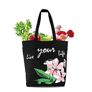 MEL JUN Canvas Tote Bag for Women, Light Beach Bags Gym Tote Reusable Grocery Bag Reading Totes Weekend Church Bag Black Floral Tote Bags with Pink Flower