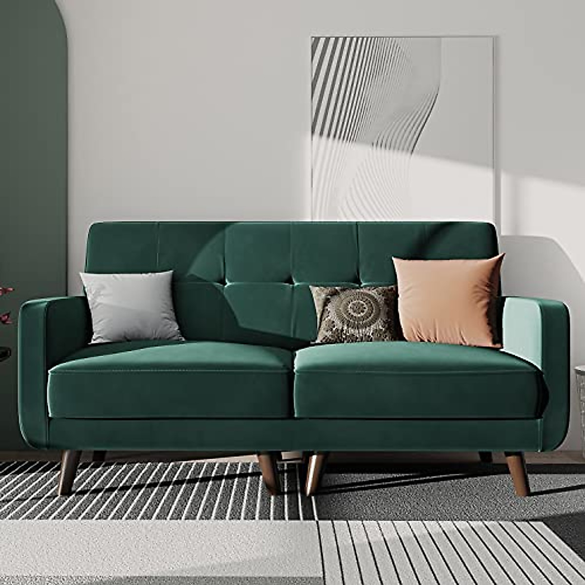 HONBAY Velvet Fabric Loveseat Sofa Tufted 2-Seats Sofa with Wood Legs Upholstered Loveseats for Small Space, Emerald Green