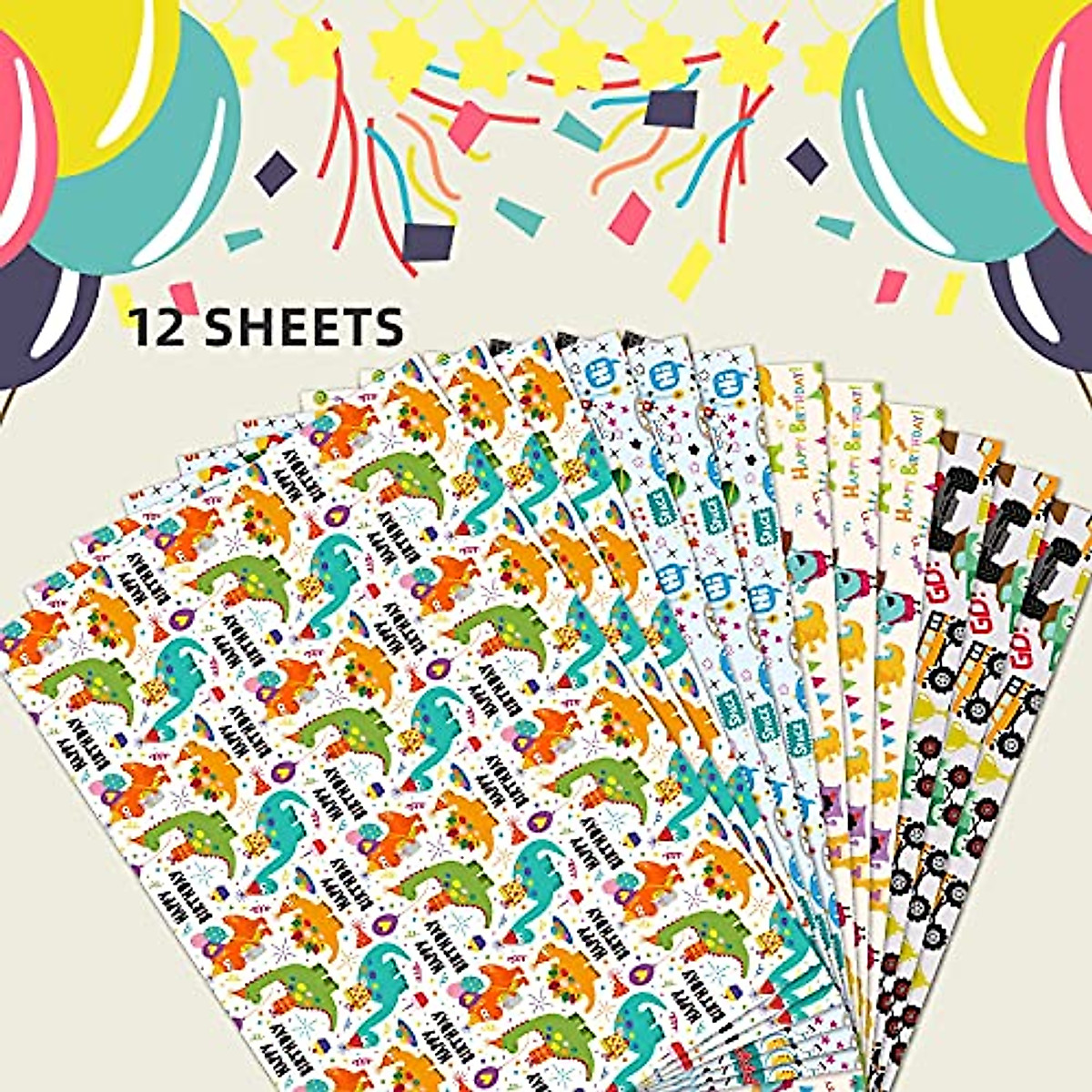 PlandRichW Birthday Wrapping Paper for Boys,Baby,Kids.Gift Wrapping Paper Includes Dinosaur Monster Truck Astronaut 4 Cute styles for Baby Shower Party Holiday.12 Sheets Folded Flat 20" X 29"