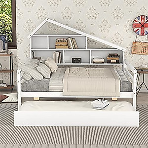 Woanke Full Size Daybed with Trundle and Shelves, Solid Wood Platform Bed Frame, House Bed for Kids Teens Girls Boys, No Box Spring Needed, White