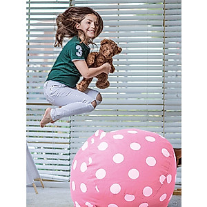 Wekapo Stuffed Animal Storage Bean Bag Chair Cover for Kids | Stuffable Zipper Beanbag for Organizing Children Plush Toys Large Premium Cotton Canvas (Pink Dot, XX-Large)