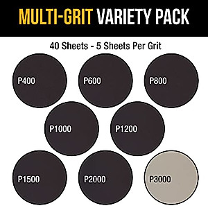Dura-Gold Premium 5" 8-Hole Wet or Dry Sanding Disc Variety Pack Box - 400, 600, 800, 1000, 1200, 1500, 2000 & 3000 Grit (5 Discs Each, 40 Total) - Sandpaper Discs, Hook & Loop Backing, Color Sanding