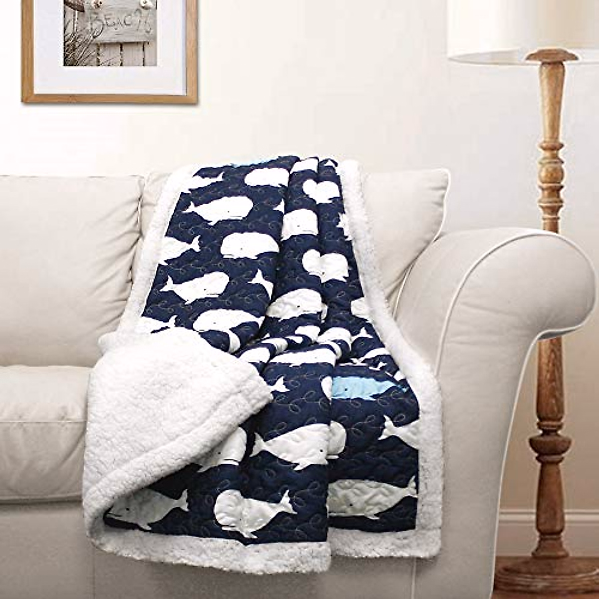 Lush Decor, Navy Whale Throw | Ocean Animal Print Fuzzy Reversible Sherpa Blanket-60” x 50, 60" x 50"