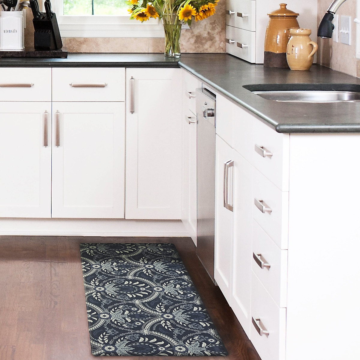 Laura Ashley – Anti-Fatigue Kitchen Mat | Almeida Floral Design | Stain, Water & Fade Resistant | Cooking & Standing Relief | Non-Slip Backing | Measures 17.5” x 48”| Dark Blue Almeida