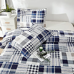 Jarson Patchwork Bedding Plaid Quilts Set Full/Queen Size, 3Pcs Navy Blue Buffalo Bedspreads Summer Lightweight Coverlet Pillow Shams