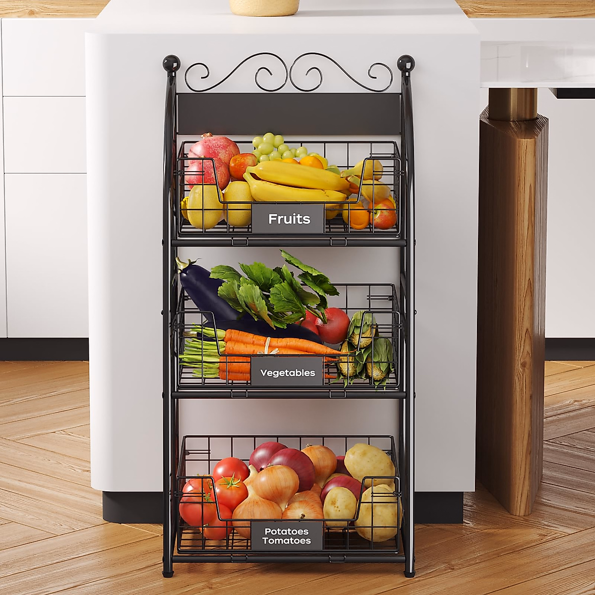 3 Tier Vegetables Storage Basket Stand with Nameplate, Removable Wire Fruit Basket, Kitchen Freestanding Metal Fruit Storage Cart with Anti-scratch Adjustable Feet, for Fruit Vegetable Onion Potato