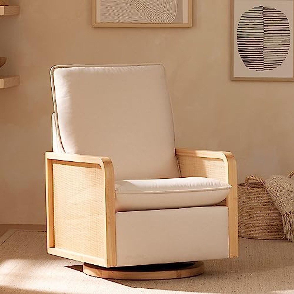 Babyletto Sumba Swivel Glider with Cane in Performance Cream Eco-Weave and Light Wood Base, Water Repellent & Stain Resistant, Greenguard Gold and CertiPUR-US Certified