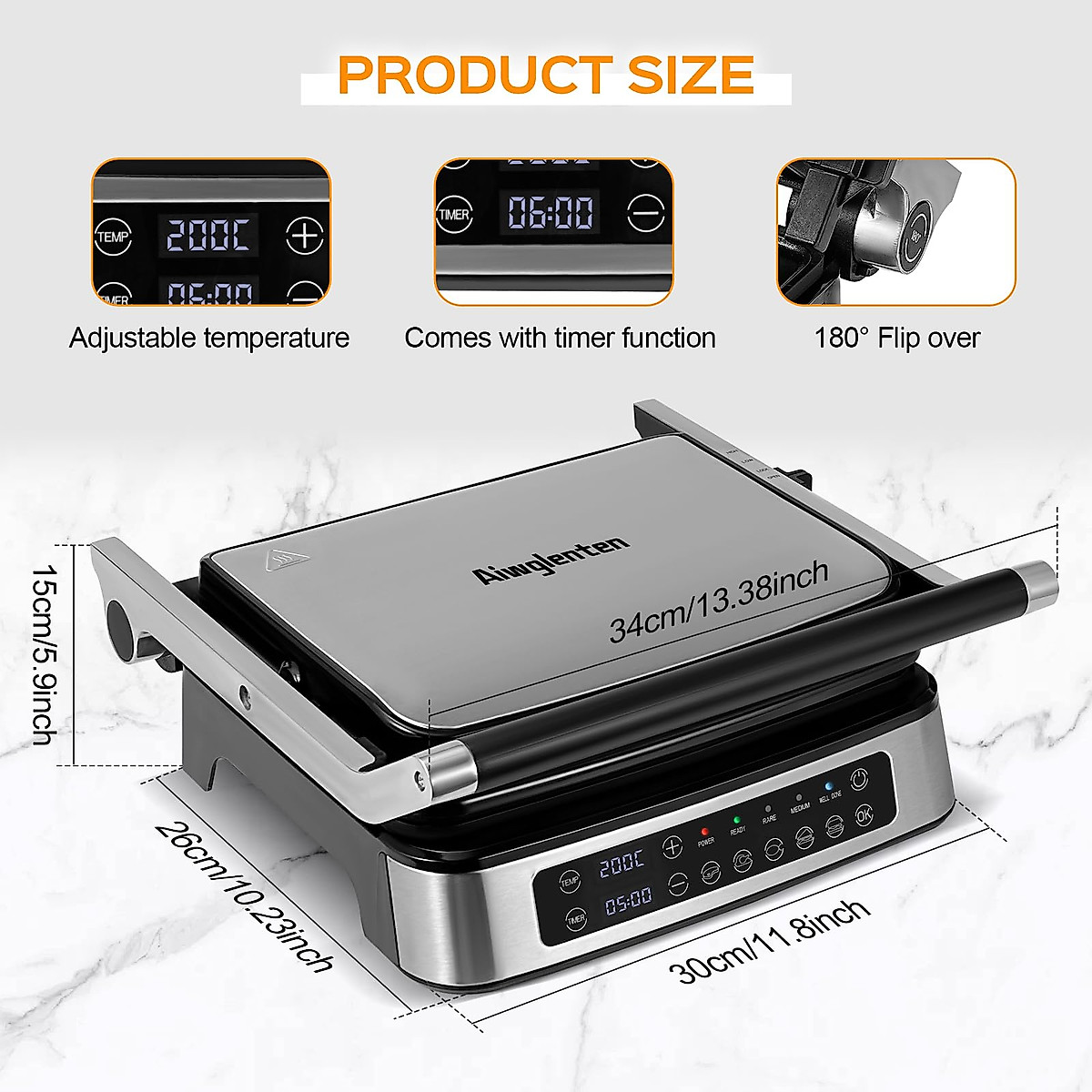 Aiwglenten Panini Press,Gourmet Sandwich Maker with Digital Control Panel, 180 Degrees Open, Suitable for Any Type or Size of Food, Detachable Drip Tray,Easy to Clean and Store