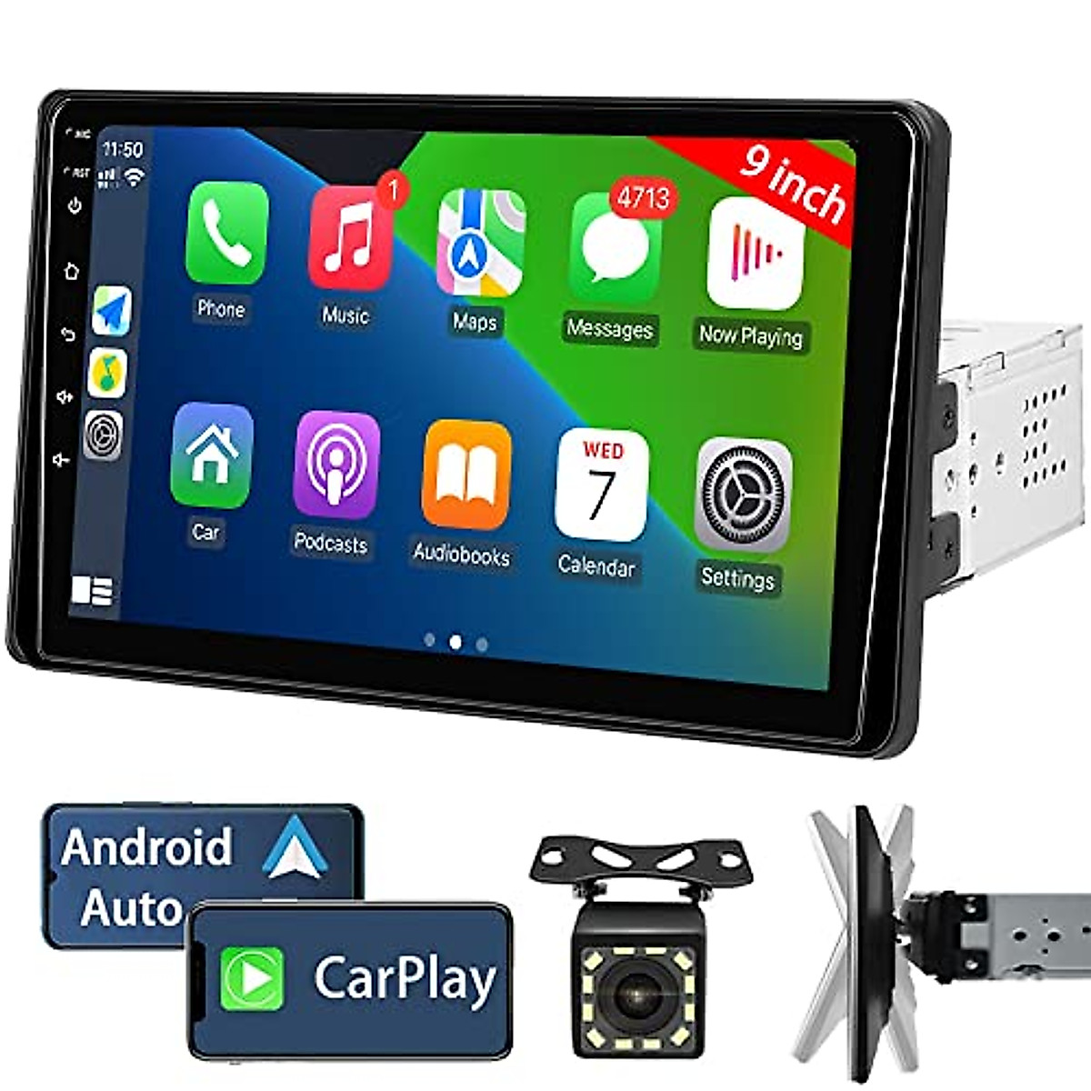 9 Inch Car Stereo Single Din Radio with Apple Carplay and Android Auto,Touch Screen Bluetooth Car Audio,Car Audio Receiver with Backup Camera,Mirror Link,FM/USB/TF/AUX/Subwoofer