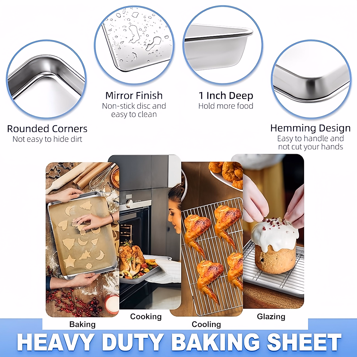 Roasting Pan Stainless steel Pans for Oven,Toaster Oven Tray Pans with cooling rack,Baking Sheet,Baking Pan Cookie Sheet with Rack,Shallow Edge(1.2inch),Dishwasher Safe (10.4x8x1.2in)