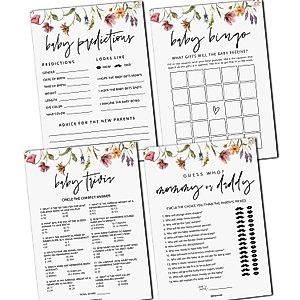 GardenCity Baby Shower Games Set for 25 Guests - 4 Fun Activities, Baby in Bloom/Floral Theme, 50 Double-Sided Cards (Wildflower)