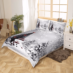 Erosebridal Snowman Bedding Set 3 Piece Happy New Year Xmas Duvet Cover Winter Themed Comforter Cover Merry Christmas Themed Bedspread Cover for Girls Boys Kids Christmas Eve Bedding Queen Size