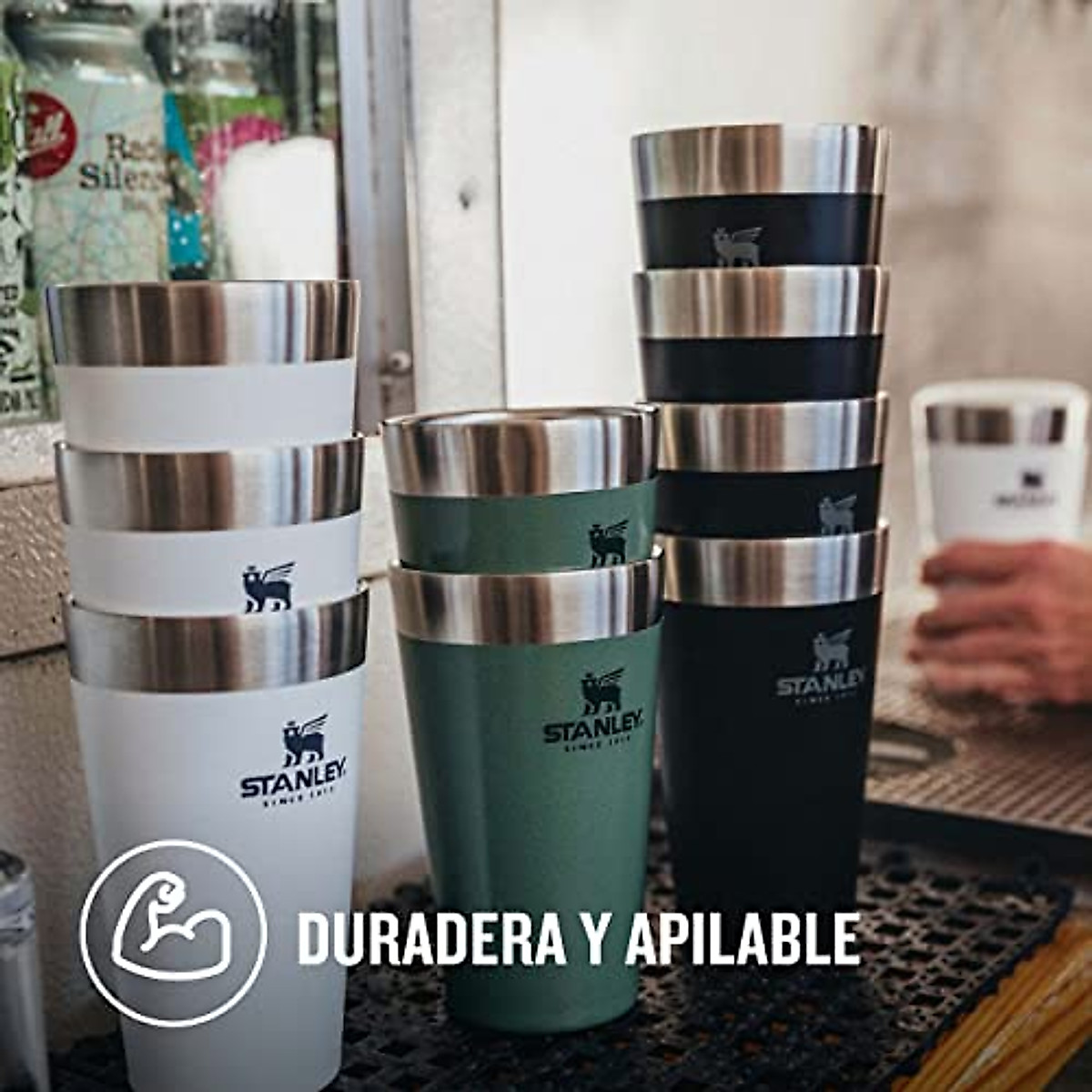 STANLEY Adventure Stacking Beer Pint 0.47L - Travel Mug Keeps Beer Cold For 4 Hours - Stainless Steel Beer Mug - Stacks Infinitely - Double Wall Vacuum Insulation - Dishwasher Safe - Hammertone Green