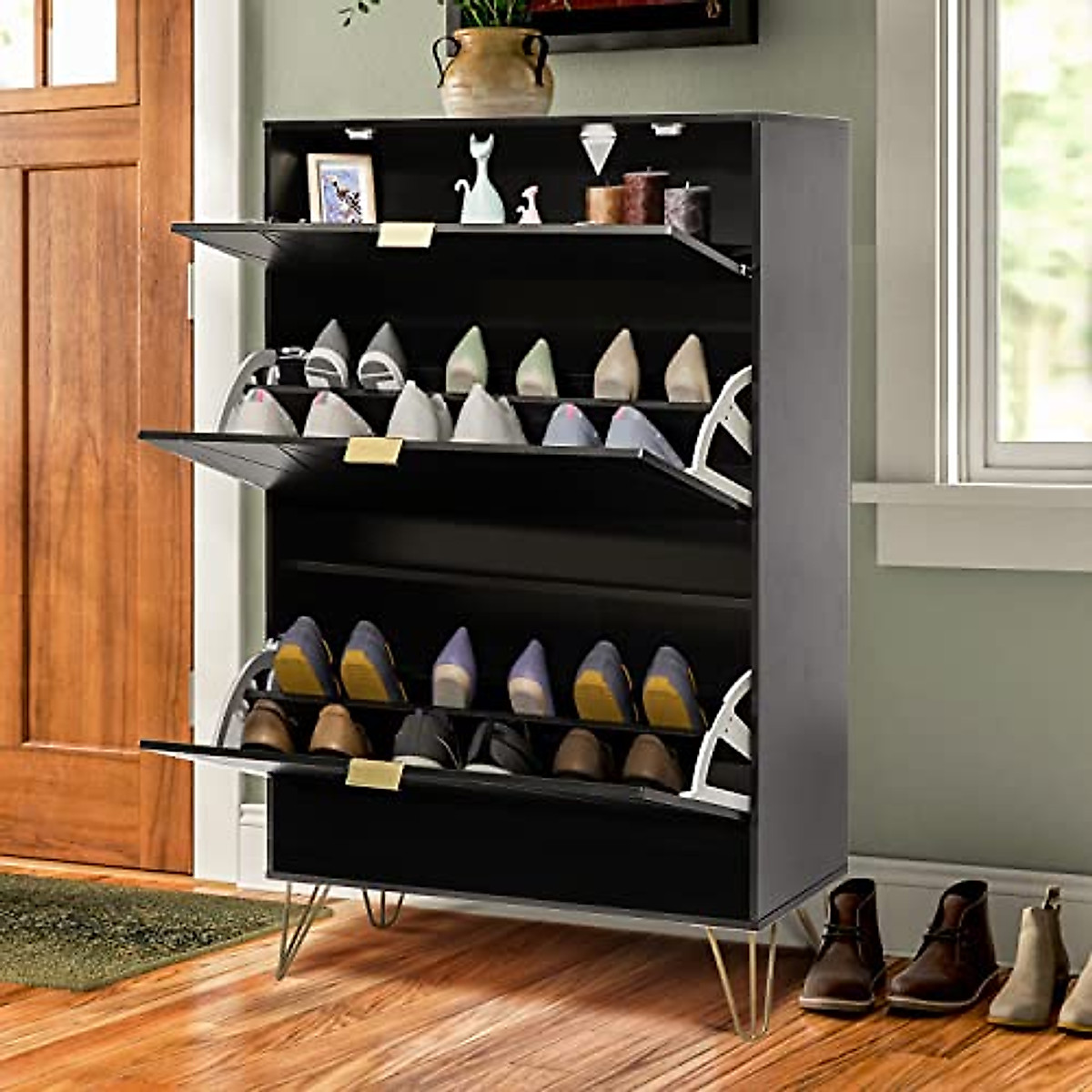 Scurrty 31.5'' 3-Tier Shoe Rack Entryway Cabinet Storage with Drawers, Adjustable Free Standing Shoe Shelf Organization for Closet Hallway with 4 Metal Legs Anti-Tipping Black…