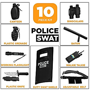 Dress Up America Police Officer SWAT Role Play Set for Kids - Police Accessory Set - Police Pretend Play Accessory Set Includes Plastic Baton and Binoculars Shield, Adjustable Belt, Flashlight & More