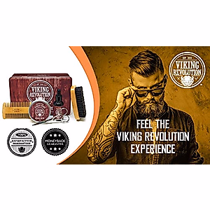Viking Revolution Beard Grooming Kit for Men - Ultimate Beard Kit - Boar Beard Brush, Wood Beard Comb, Sandalwood Beard Balm, Sandalwood Beard Oil, Beard & Mustache Scissors
