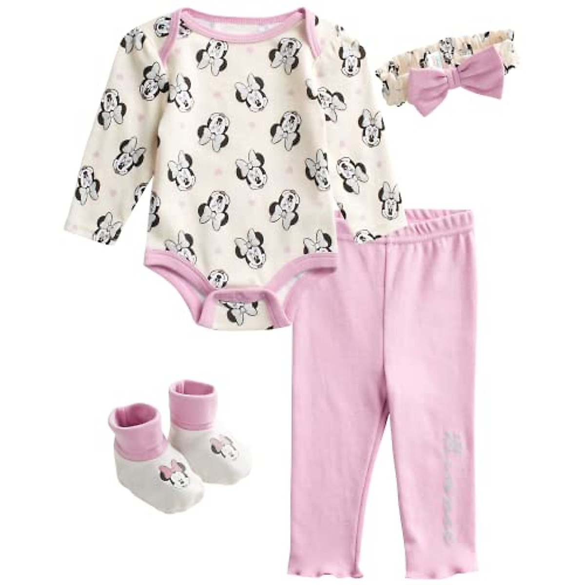 Disney Baby Newborn Girls' Layette Set - Bodysuit, Pants, Booties, Hat: Minnie Mouse, Winnie the Pooh, Bambi (0-9M), Size 6-9 Months, Minnie Mouse