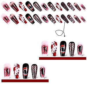 Halloween Press on Nails Medium Coffin Fake Nails Spider Eyeball Halloween Nails Press on Bloodstain Spider Web Acrylic Full Cover False Nails with Designs Gloosy Glue on Nails for Women&Girls 24PCS
