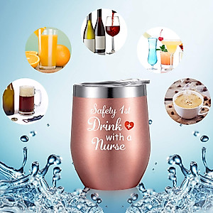 2 Pack Well-designed Nurse Coffee Mug for Women, Safety 1st Drink with a Nurse, Nurses Week Graduation Birthday for Nurse Coworker, 12 oz Nurse Wine Tumbler with Lid, Straw and Brush (Rose gold)