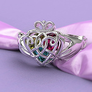 YUOTO Claddagh Rings For Women,Birthstone Rings Sterling Silver Personalized Name,Caged Locket Heart Irish Rings Engraved Bands With Names For Teen Girls Women Love Wedding