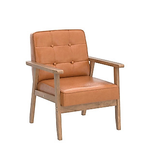 Okeysen Accent Chairs Set of 2 with Side Table, Mid Century Modern Accent Chair, Retro Wood and Leather Armchairs Side Chair, Lounge Reading Comfy Arm Chair for Living Room, Bedroom, Office（Brown