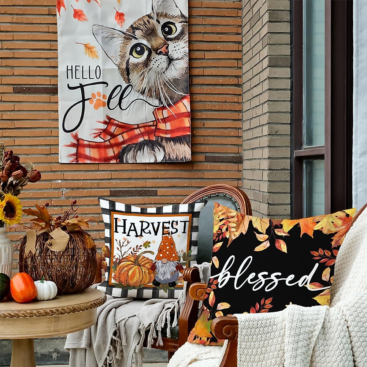 GEEORY Fall Decorative Throw Pillow Covers 18 x 18 Inch Set of 4, Thankful Grateful Blessed Harvest Pumpkin Gnome Thanksgiving Fall Decor Outdoor Farmhouse Pillow Cases for Home Couch G345-18