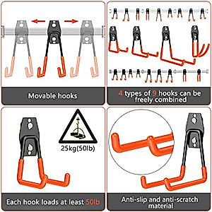 yuzziko Heavy Duty Garage Tool Storage System with 9 Hooks, Steel Organizer Wall Mounted Rack, Ultility Garden Tool Hangers 47 Inch for Broom, Mop, Rake Shovel